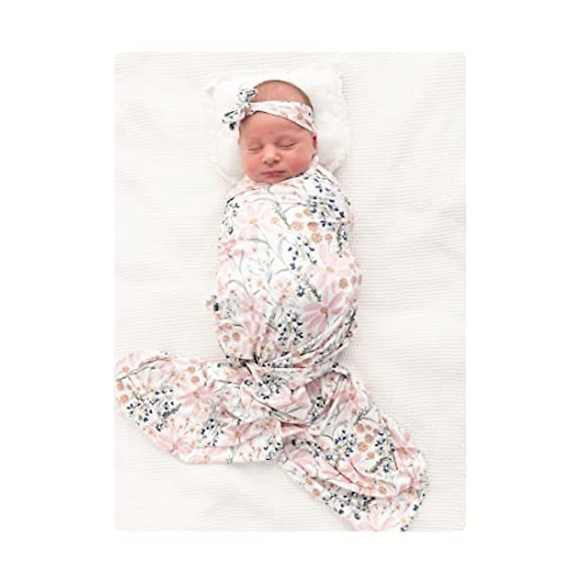 Vollmic Newborn Baby Girl Receiving Blanket Swaddle Blanket Stretchy Knit Swaddle Set with Matching Headband (Golden Flower)