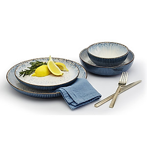 Tabletops Gallery Speckled Farmhouse Collection- Stoneware Dishes Service for 4 Dinner Salad Appetizer Dessert Plate Bowls, 16 Piece Jura Embossed Dinnerware Set in Smoky Blue
