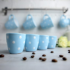 City to Cottage Handmade Light Sky Blue and White Polka Dot Ceramic 2oz/60ml | Espresso Cup Set of 4, Unique Designer Pottery for Coffee Lovers