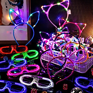 120 Pcs Glow in the Dark Party Supplies 60 Light up Glasses 20 LED Cat Ear Headband 20 LED Rabbit Ear Hair Accessories 20 Glow Crown Tiara Hairband for Neon Holiday Birthday Halloween Christmas Party