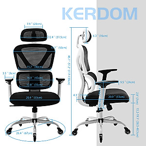KERDOM Ergonomic Office Chair, Home Desk Chair, Comfy Breathable Mesh Task High Back Thick Cushion Computer Chair with Headrest and 3D Armrests, Adjustable Height Home Gaming Chair (F-White)