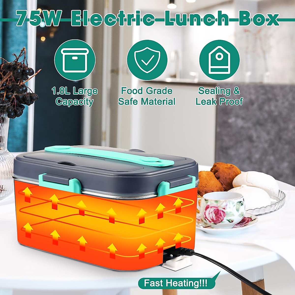 Lemasa Electric Lunch Box Food Heater 75W,1.8L Larger Heated Lunch Boxes for Adults,12V/24V/110V Portable Lunch Warmer for Car/Truck/Work with Leakpro