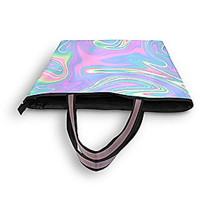 Bolaz Tote Bag with Pockets for Women Rainbow Marble Holographic Shoulder Bag Handbags Zipper Small Travel Office Business