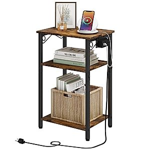 Hoctieon End Table with Charging Station, 3 Tier Nightstand with Storage Shelf, Side Table with USB Ports and Outlets, Bedside Table for Living Room, Bedroom, Steel Frame, Rustic Brown