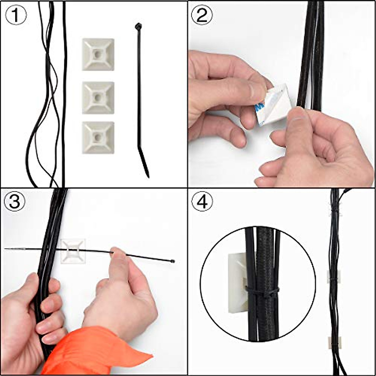 100 PCS 3/4" Black 3M Back-Glue Self Adhesive Cable Zip Tie Mounts Wire Cable Clips Holders Management Anchors Organizer Holders Squares(HS-101S)