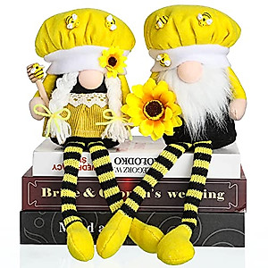 Argodaze 2PCS Bumble Bee Long Feet Gnomes Mr and Mrs Lovely Elf for Home Handmade Honeybee Plush Rustic Farmhouse Tomte