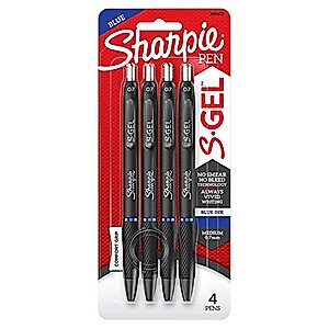SHARPIE S-Gel, Gel Pens, Medium Point (0.7mm), Blue Ink Gel Pen, 4 Count