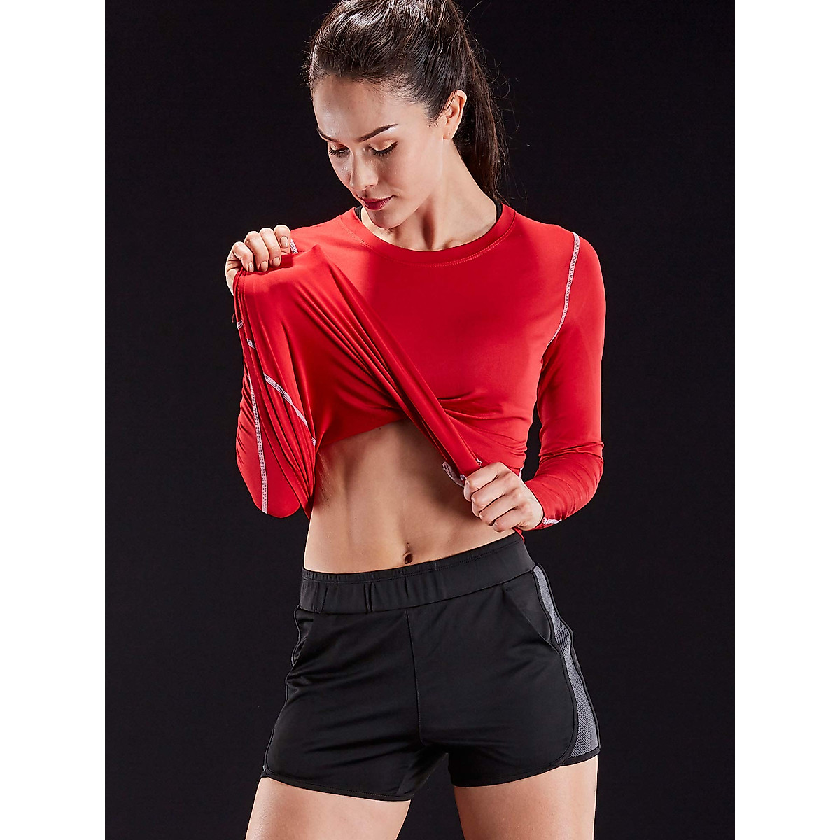 CADMUS Women's 3 Pack Running Compression Long Sleeve T Shirt,Black,Grey,Red,Small