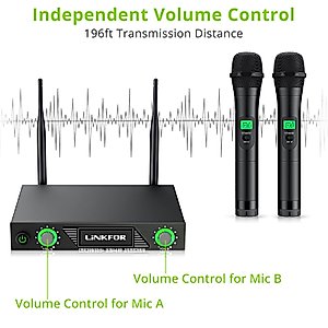 LiNKFOR Wireless Microphone, UHF Wireless Karaoke Microphone System, Professional Dual Cordless Microphone 196ft Transmission Range, Wireless Mic for Church, Wedding, Conference, Party