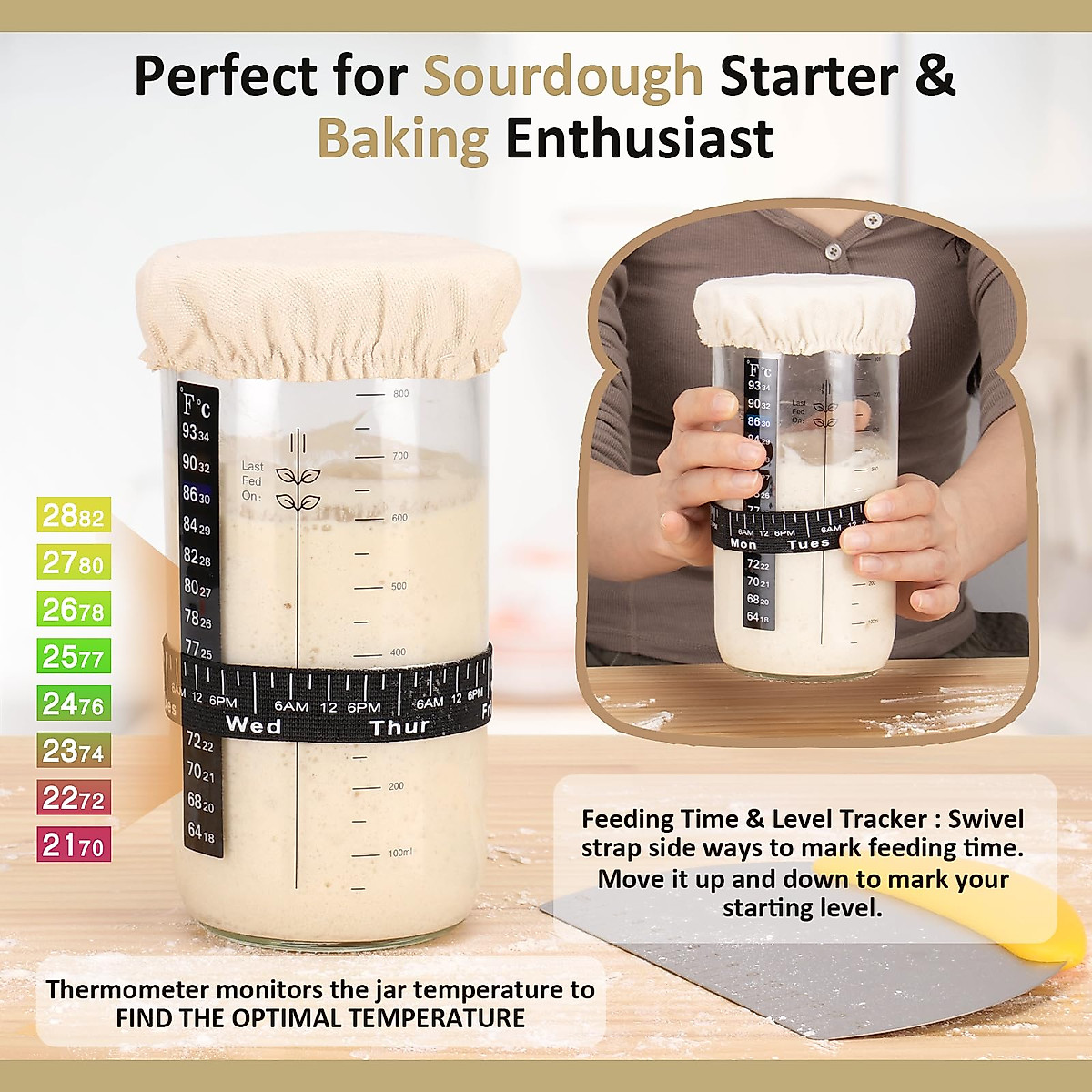 Sourdough Starter Kit, 34oz Sourdough Starter Jar, 2 Bread Proofing Baskets, Thermometer, Feeding Time Tracker, Metal Scraper, Easy to Clean, Complete Sourdough Bread Baking Supplies for Beginners