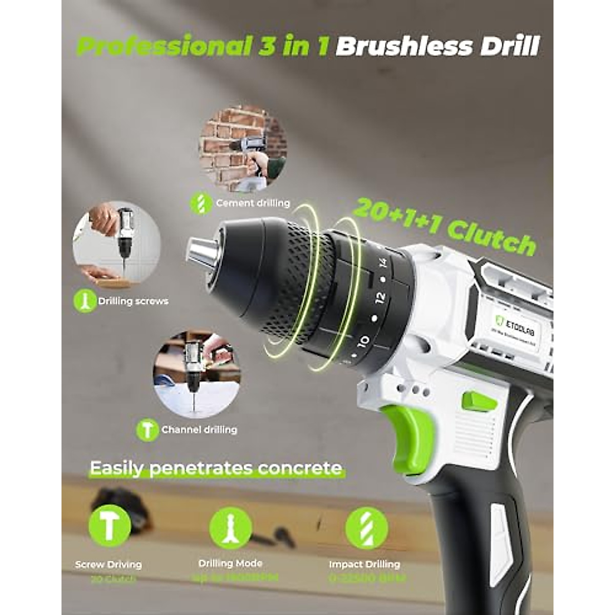 Cordless Drill, ETOOLAB Power Brushless Drill Set 45 Pieces, 531lbf.in Professional 3-in-1 20V Impact Drill Driver with 2.0Ah Battery