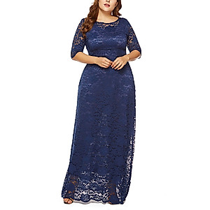 Eternatastic Womens Floral Lace 2/3 Sleeves Maxi Dress Evening Party Long Dress 4XL Deep Blue