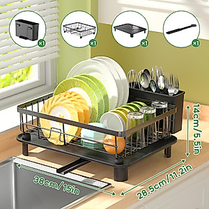 YUWENUS Dish Drying Rack, Space-Saving Dish Rack for Kitchen Counter, Anti-Rusty Stainless Steel Dish Drainer with Utensil Holder, escurridor de platos for Kitchen (Black)