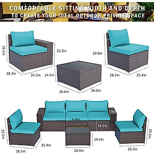 ALAULM 6 Pieces Patio Furniture Set Sectional Sofa Set Outdoor Furniture All Weather Brown PE Rattan Patio Conversation Set w/5 Blue Seat Cushions and 1 Coffee Table