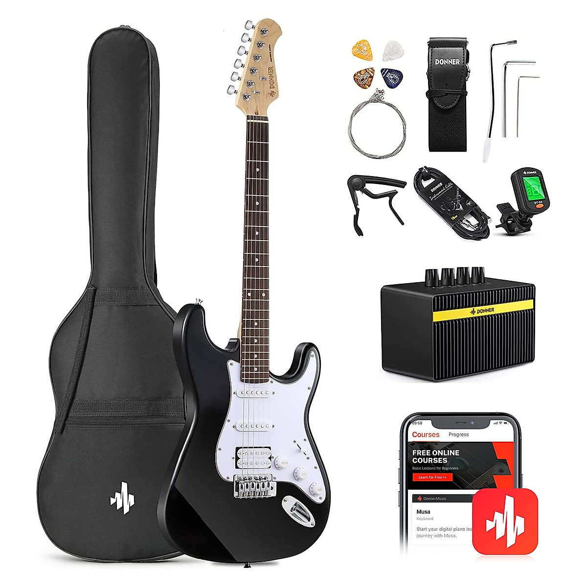 Donner DST-100B 39 Inch Electric Guitar Beginner Kit + Guitar Cable 10 ft Black White