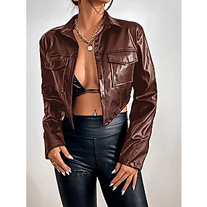 SweatyRocks Women's PU Leather Cropped Coat Casual Button Front Jacket with Bust Pocket Solid Brown M