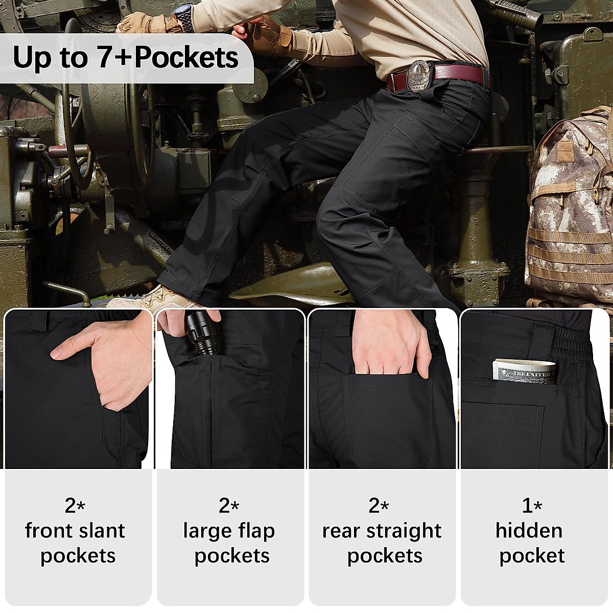 FREE SOLDIER Men's Water Resistant Pants Relaxed Fit Tactical Combat Army Cargo Work Pants with Multi Pocket (Classic Black Color 34W/32L)