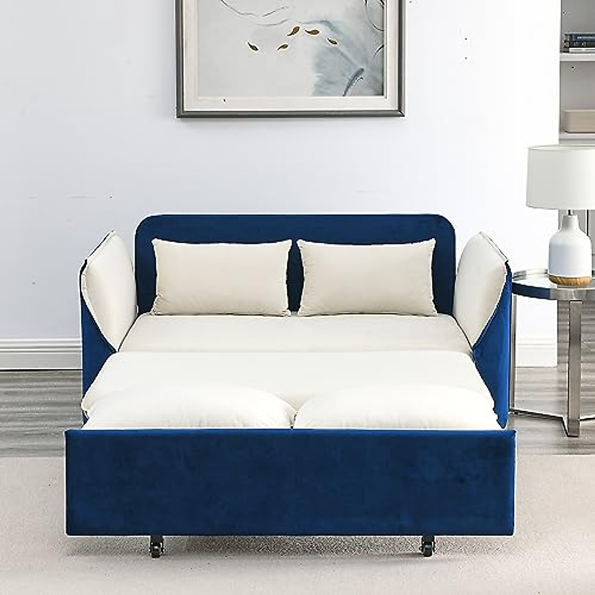 Verfur 3 in 1 Multi-Functional Futon Couch Pull Out Sleep, 2 Seater Convertible Loveseats Sofa with Adjustable Backrest,Comfy Upholstery Sofacama Sofabed, Blue White 57" Velvet w/ 4 Cushions