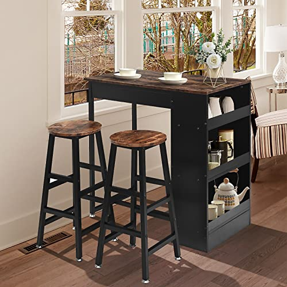 COSTWAY 3 Pieces Bar Table and Chairs Set, Counter Height Dining Table with 2 Bar Stools and 3 Shelves, Industrial Pub Kitchen Table Set for Living Room, Restaurant, Bar, Brown