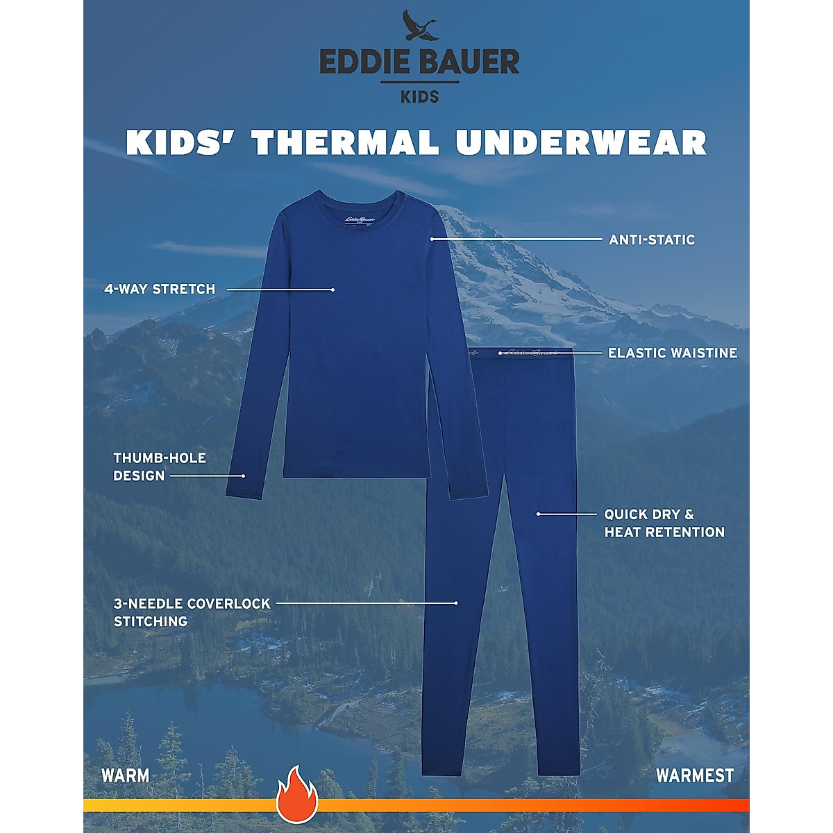 Eddie Bauer Thermal Underwear For Kids - 2 Piece Performance Base Layer Underwear Set For Boys and Girls (5-16), Size 10-12, Nautical Blue