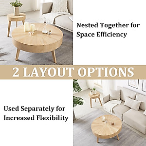 Gexpusm 2-Piece Solid Wood Coffee Table Set, Rustic Round Farmhouse End Tables for Living Room, 31x31x16 in, Light Brown