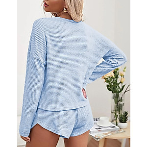 Ekouaer Womens Waffle Knit Pajama Sets Long Sleeve Top and Shorts Matching Lounge Set Sleepwear Loungewear Sweatsuit with Pockets Baby Blue Medium