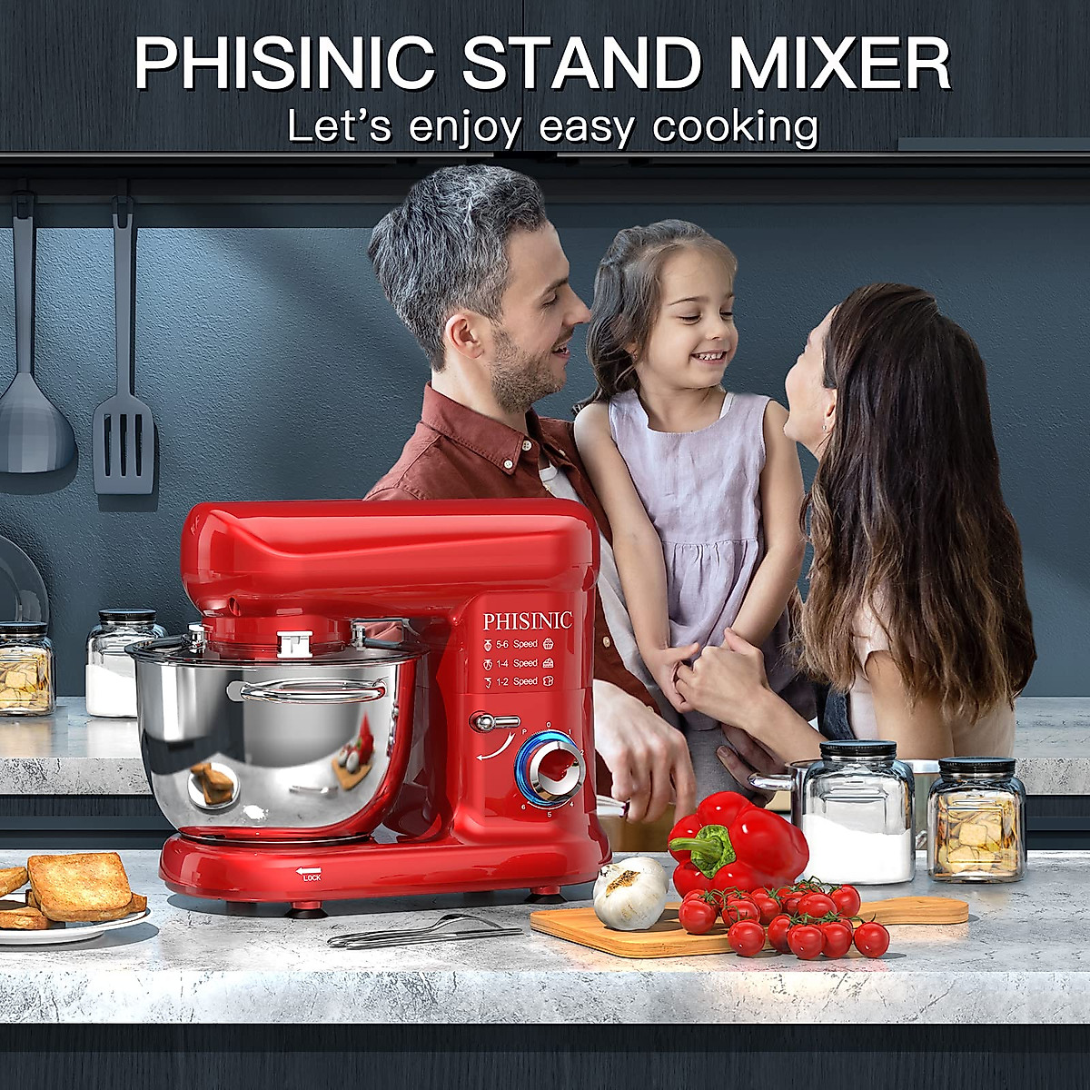 Stand Mixer, 5.8Qt Electric Mixer PHISINIC, 660W 6-Speed Tilt-Head Household Stand Mixer, Kitchen Food Mixer with Dough Hook, Wire Whip and Beater, for Baking, Cake, Cookie, Kneading
