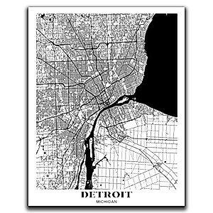 Detroit City Map Wall Art - 11x14" UNFRAMED Print - Modern, Minimal, Black And White Detroit, MI Wall Decor - Detroit Gifts For Women And Men, Souvenirs, Poster