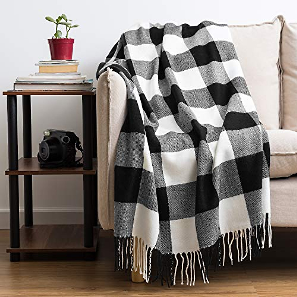 Buffalo Plaid Throw Blanket for Couch - Farmhouse Throw with Check Pattern - Soft Woven with Decorative Fringe - Lightweight for Bed, Sofa, Chair, Office, Outdoor - 50 x 60 in. (Black)