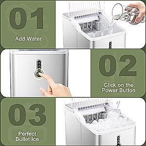 Ice Makers Countertop,Protable Ice Maker Machine with Ice Scoop and Ice Basket,26lbs/24H,9 Bullet Cubes Ready in 8 Mins,for Home/Kitchen/Camping/RV.(Silver)