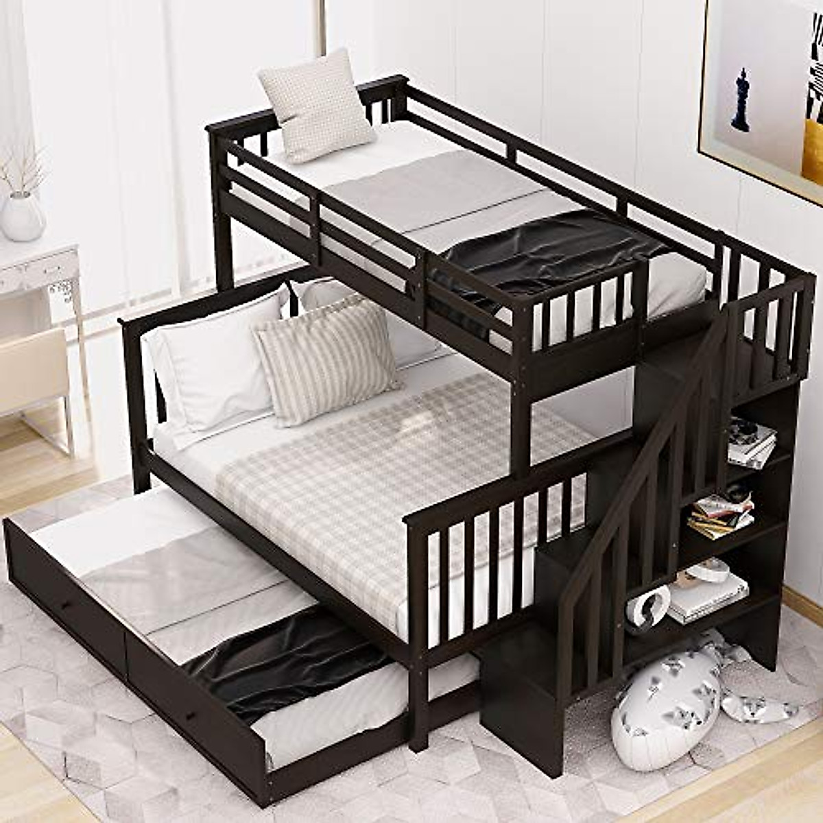 FIQHOME Stairway Twin-Over-Full Bunk Bed with Twin Size Trundle,Bunk Bed Frame Convertible into 2 Beds Storage and Guard Rail for Bedroom, Dorm, for Adults,Espresso