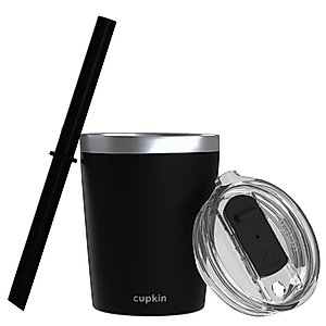 CUPKIN Stackable Stainless Steel Kids Cup Smoothie Tumbler, Powder Coated Insulated Tumblers, BPA Free Lid and Silicone Straw 8 Fl Oz (Pack of 1), Black