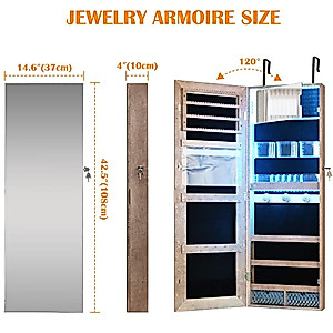 Vlsrka Mirror Jewelry Cabinet with 3 LED Lights, Wall/Door Mounted Jewelry Armoire Organizer with Full Length Mirror Large Capacity Storage Hanging Cabinet, Built-in Lighted & Movable Makeup Mirror