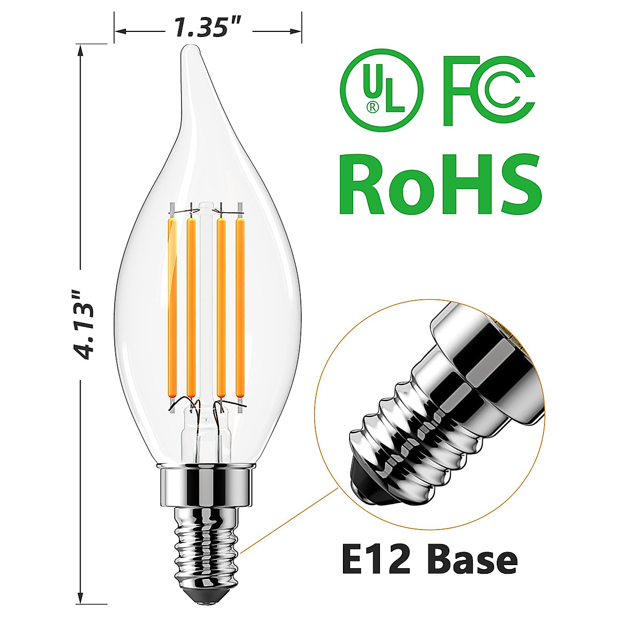 CYLYT E12 Chandelier Bulb 60 watt Equivalent, Dimmable LED Candelabra Light Bulbs 6W, 2700K Warm White 650 Lumen Lightbulbs, CA11, UL Listed, Pack of 12