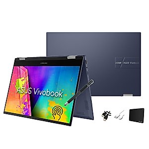 ASUS VivoBook 14 inch 2-in-1 Laptop, HD Touchscreen, Intel Celeron N4500, 4GB RAM, 64GB eMMC + 512GB SSD, NumberPad, Windows 11, 1-Year Microsoft 365 Personal, Quiet Blue with Accessories