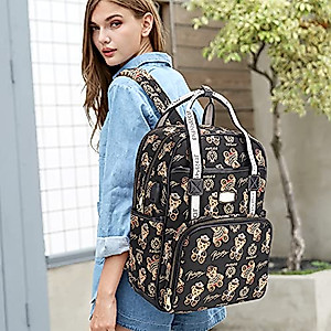 pipi bear Diaper Bag Backpack, Jacquard Diaper Backpack with Changing Pad and USB Charging Port, Stylish Baby Bag for Mom Dad, Black