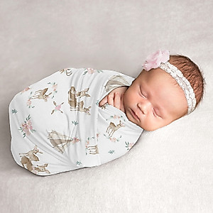 Sweet Jojo Designs Woodland Deer Floral Girl Swaddle Blanket Jersey Stretch Knit for Newborn or Infant Receiving Security - Blush Pink, Mint Green and White Boho Watercolor Forest