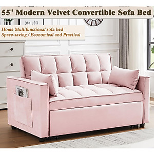 3 in 1 Convertible Velvet Loveseat Futon Couch Bed for Small Spaces - Pull Out Sofa Bed, Adjustable Backrest, Lumbar Pillows (Pink)