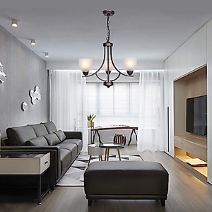 VINLUZ 3 Light Shaded Contemporary Chandeliers with Alabaster Glass Oil Rubbed Bronze Modern Light Fixtures Ceiling Hanging Mid Century Pendant Lighting for Dining Room Living Room Hallway Bedroom