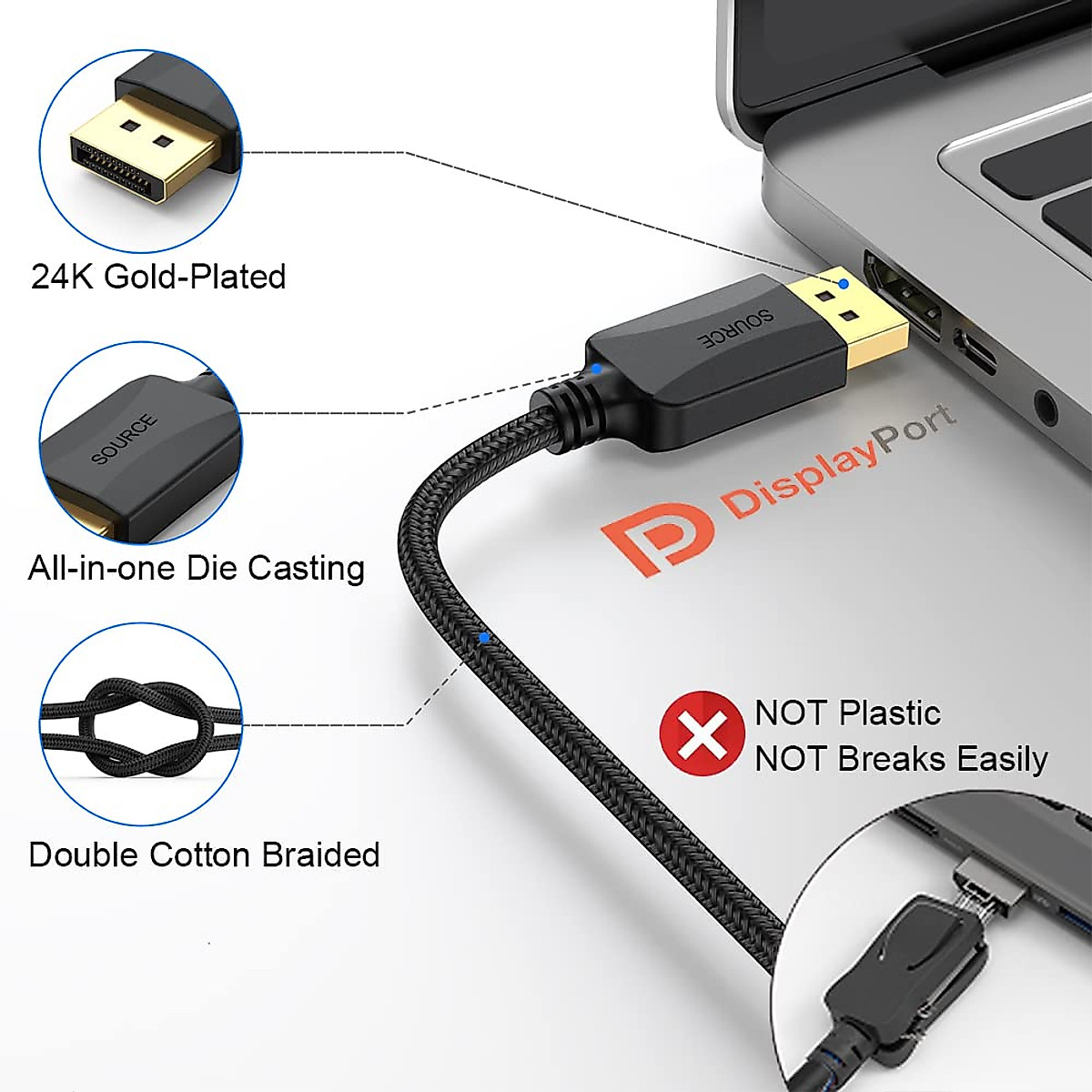 DisplayPort to HDMI Cable 6 feet 2-Pack, Thin Display Port DP to HDMI Adapter Male to Male Cord Gold-Plated Braided FHD Supports Video and Audio Compatible with Dell, HP, Insignia, Samsung, More