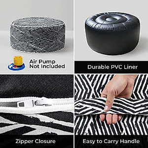 510 Design Inflatable Ottoman Stool Portable Round Pouf, Handle, Inflatable Foot Rest, Weatherproof & Water Repellent Indoor/Outdoor Ottomans for Patio Garden, Camping, Pool, D21 x 9" H, Black/White