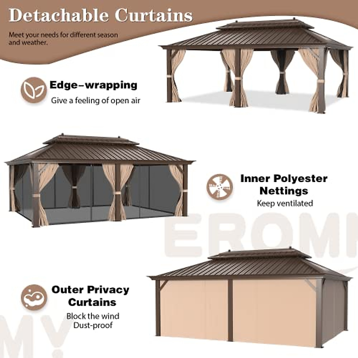 EROMMY Hardtop Gazebo Galvanized Steel Outdoor Gazebo Canopy Double Vented Roof Pergolas Aluminum Frame with Netting and Curtains for Garden,Patio,Lawns,Parties (12'x 20')