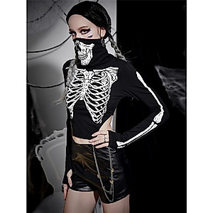 TOMETO STAR Punk Gothic Hoodies With Skeleton Printed Long Sleeve Crop Tops Emo Halloween Women Side Cutout Pullovers Fashion Hip Hop Streetwear