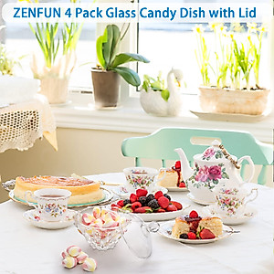 ZENFUN 4 Pack Glass Candy Dish with Lid, 4.5'' Crystal Faceted Candy Jar Clear Covered Candy Bowl, Decorative Food Storage Container for Buffet, Party, Home Office, Birthday Gift