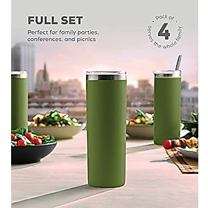 Insulated Skinny Stainless Steel Tumbler Set - 4-Pack 20oz Tumbler with Straw - Travel Coffee Mug With PBA Free Lids - Slim Vacuum Insulated Keep Hot and Cold - Great for Home, Office.