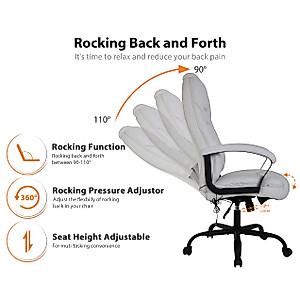 500 LBS Ergonomic Executive Office Chair, High Back Desk Chair with Massage Lumbar Support, Swivel Rocking Chair Computer Desk Chair with Padded Armrest and Adjustable Height, White