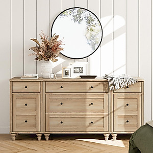 WAMPAT Dresser for Bedroom with 5 Drawers and 2 Storage Cabinet, End Table with Charging Station for Living Room, Mid Century Modern Kids Dressers with Wide Chest of Drawers for Nursery, Oak