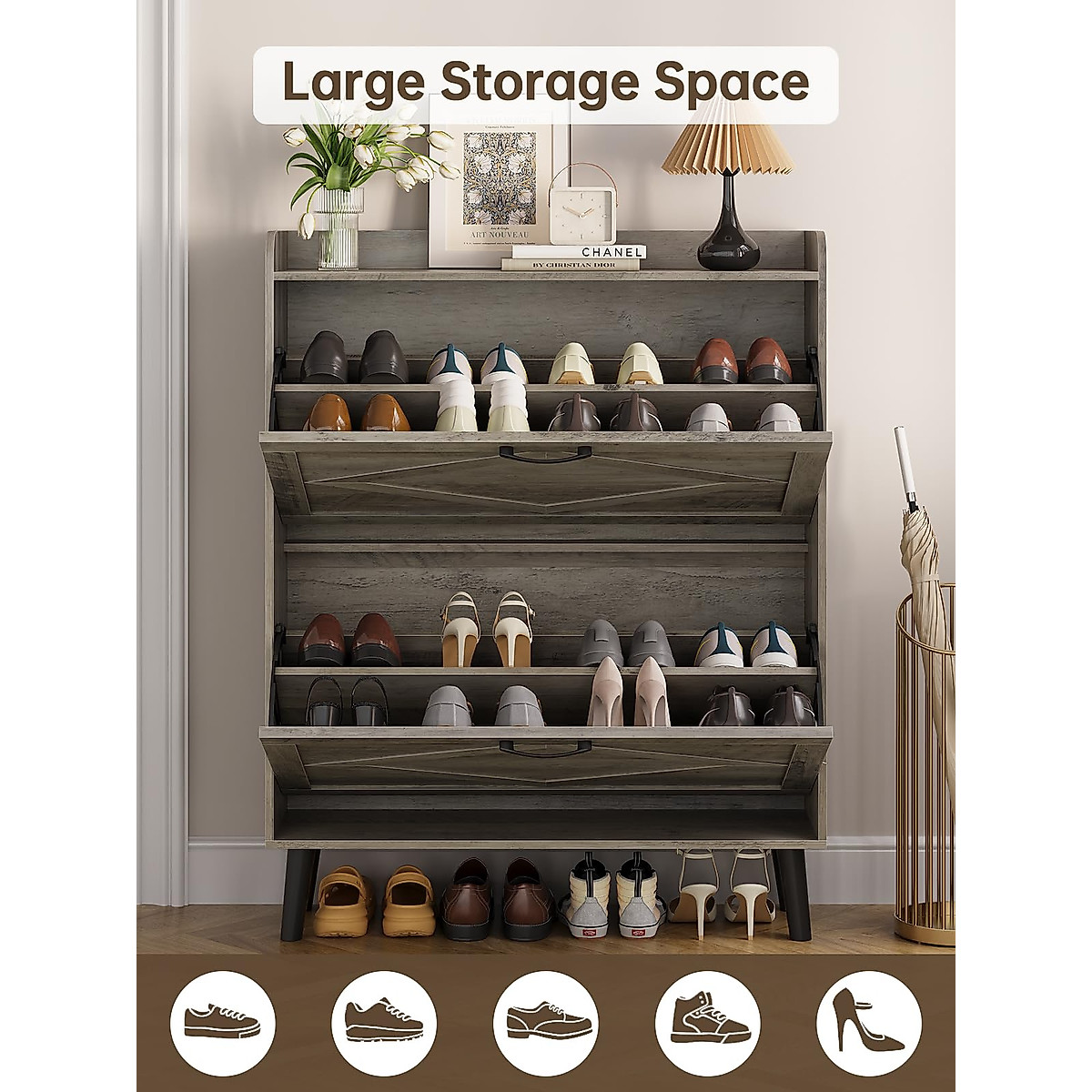 OtterOasis Shoe Storage Cabinet with 2 Flip Drawers, Farmhouse Narrow Shoe Cabinet for Entryway, Slim Shoe Organizer Cabinet with Wood Legs, Washed Gray