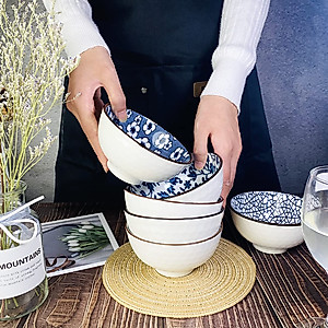 Kithing Ceramic Bowls, 10oz,this blue and white patterned bowls are used for ice cream, desserts, salads Set of 6 (F 4.5in)
