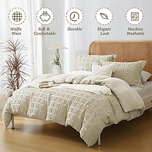 MILDLY Waffle Weave Duvet Cover Set Beige Tufted Duvet Cover 100% Washed Microfiber Soft & Breathable Textured Comforter Cover Set with Zipper Closure Corner Ties